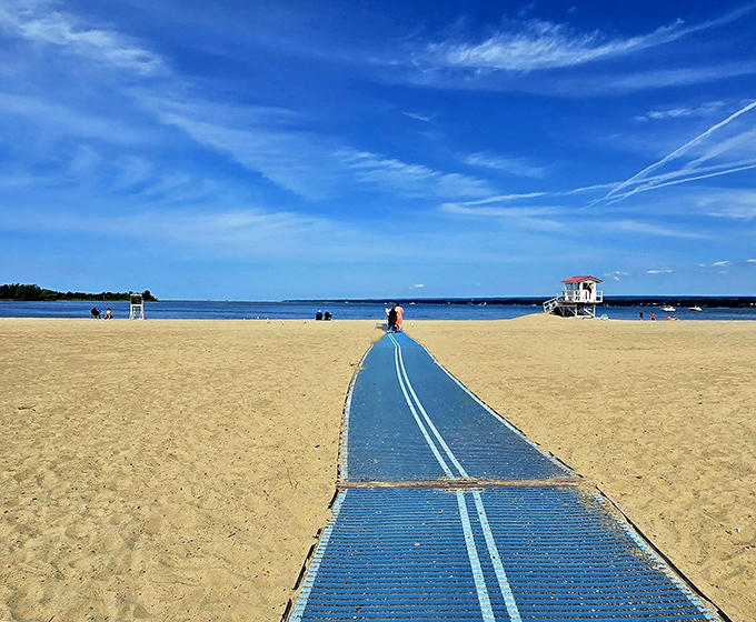 Accessibility meets beauty with this beach pathway, inviting everyone to experience Lake Erie's shores regardless of mobility challenges.
