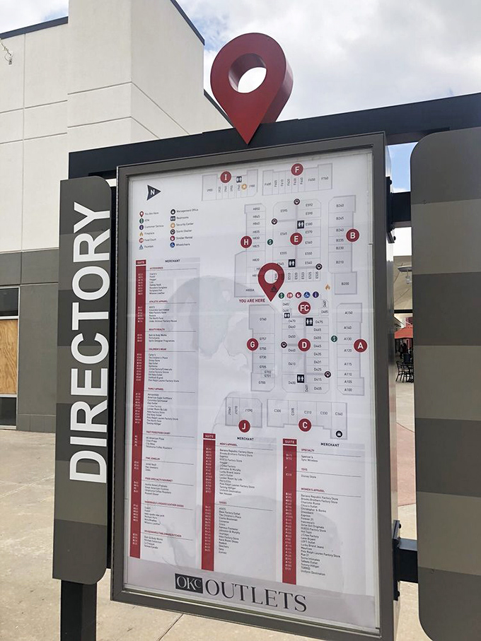 The mall directory: your treasure map to navigating this bargain-hunter's paradise without getting lost. 