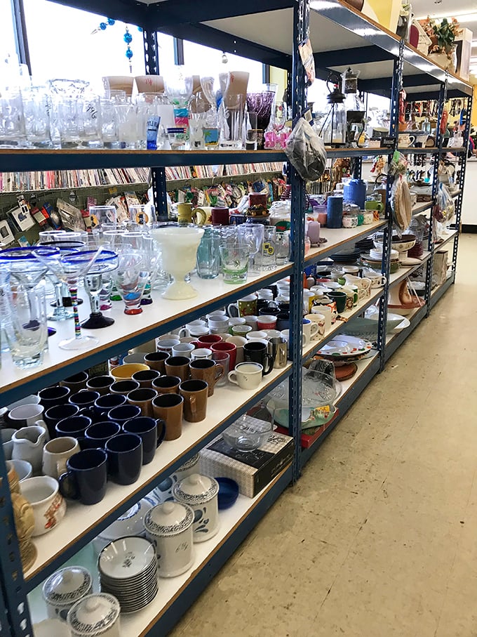 Mugs, plates, and glassware galore – your next dinner party starts right here on these packed shelves.