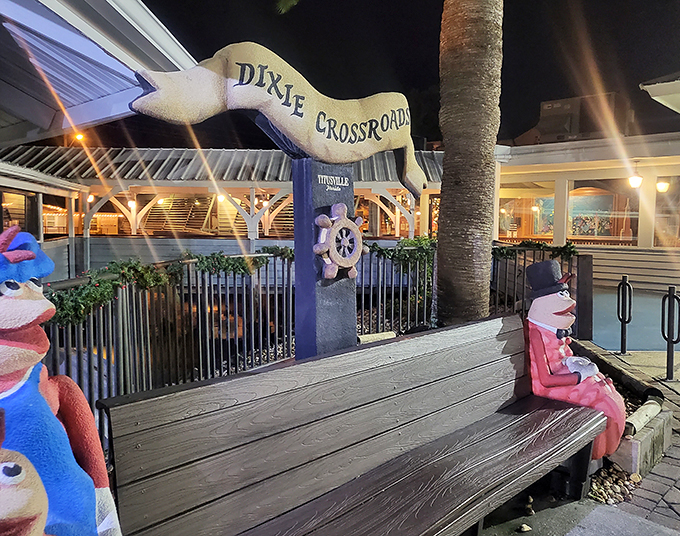 The nighttime charm of Dixie Crossroads creates a beacon for seafood lovers. Like moths to a flame, hungry diners are drawn to this Titusville institution.