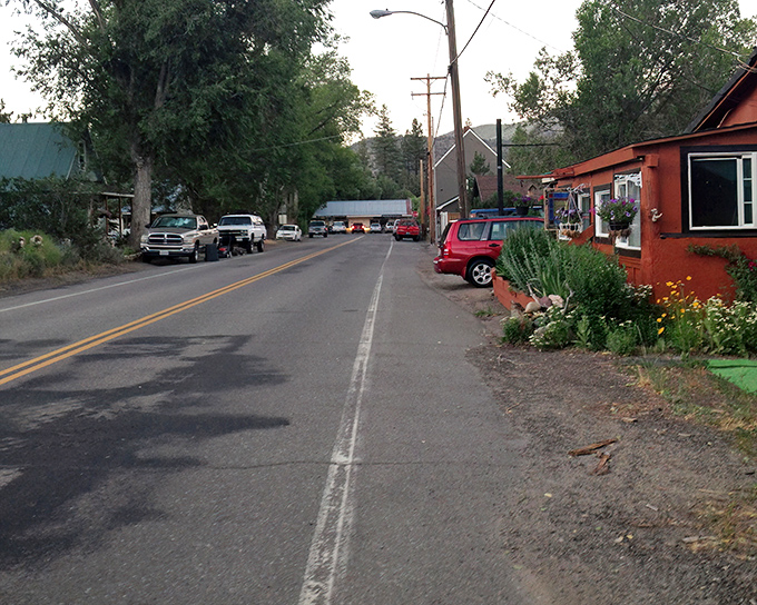 Downtown Markleeville's modest stretch of road, where every building has earned its place through decades of Sierra Nevada seasons.