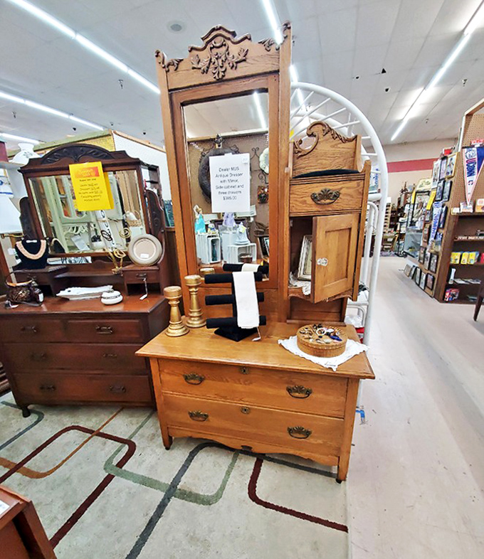 Antique dressers with mirrors that have reflected a century of faces. That oak craftsmanship has outlasted dozens of IKEA equivalents and will outlive dozens more.