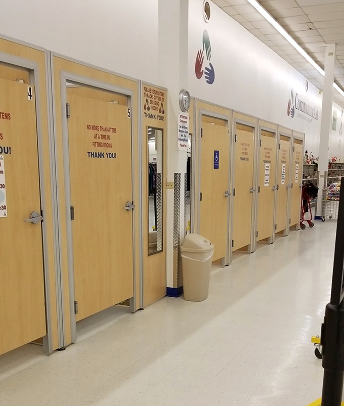 Fitting rooms: where thrift store optimism meets reality. "Please, no more than five items" &ndash; the universal language of secondhand shopping.