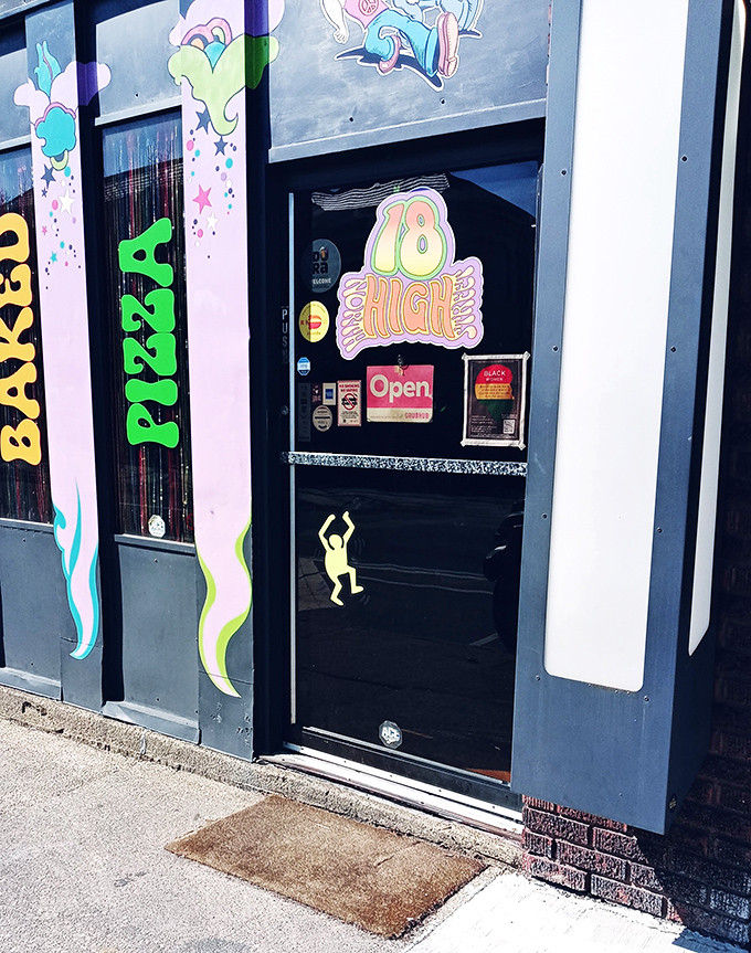 The entrance beckons like a portal to a more colorful dimension where calories don't count and pizza is always the right answer.