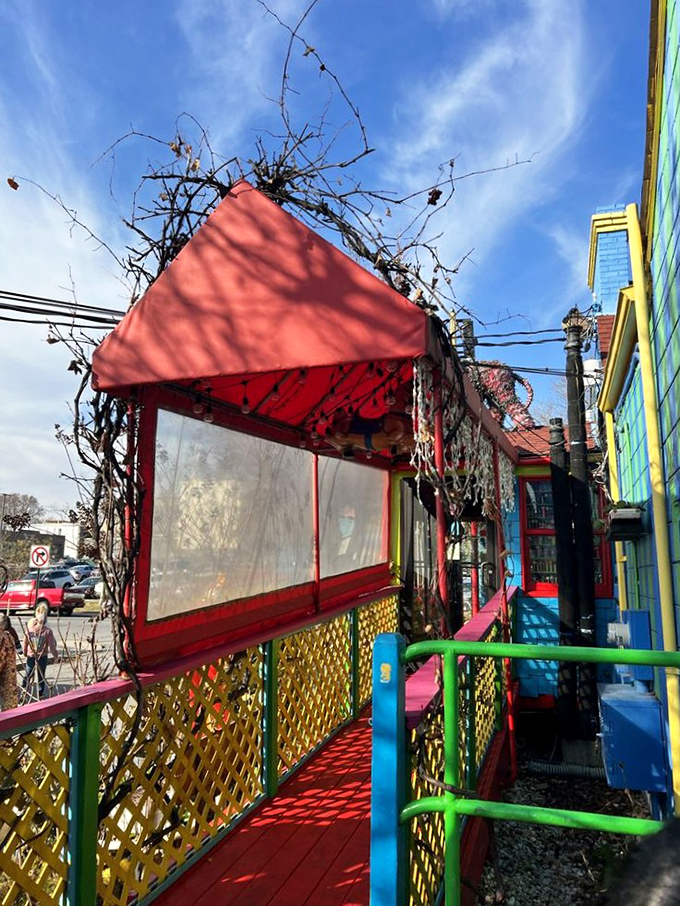 The entrance pathway promises adventure before you even step inside. Like Alice's rabbit hole, but with better food waiting at the end.