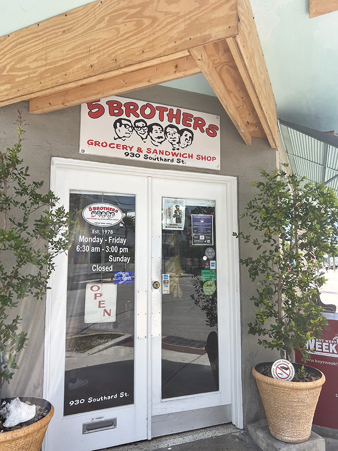 The entrance to 5 Brothers &ndash; where calories don't count and Cuban coffee is measured in smiles per sip.