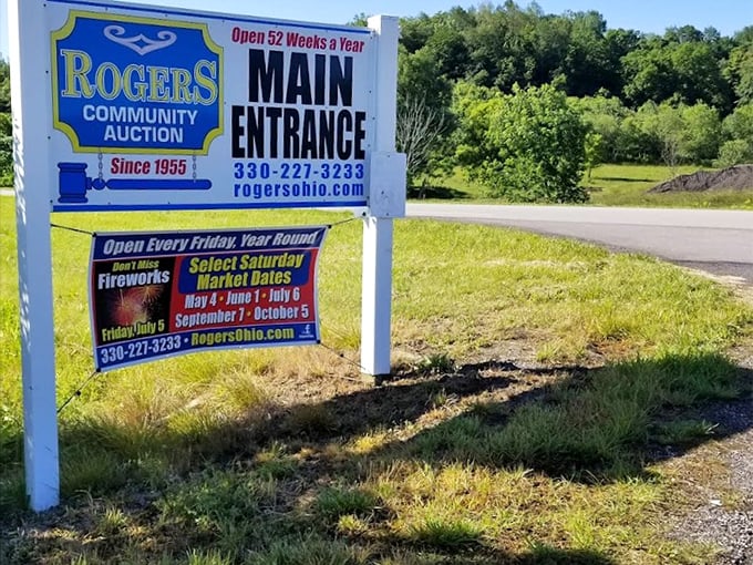 The gateway to bargain paradise! This unassuming sign marks the entrance to a world where treasure hunting happens 52 Fridays a year.