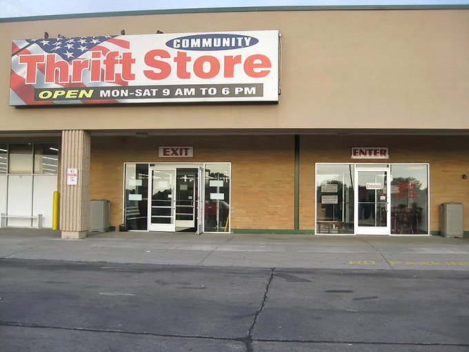 The patriotic signage proudly announces its community-minded mission. Thrifting isn't just shopping&mdash;it's practically a civic duty.