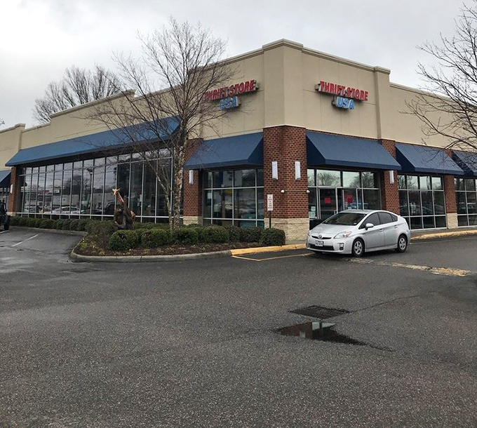 The corner view of Thrift Store USA on a rainy day&mdash;even gray skies can't dampen the colorful bargain hunting experience waiting inside.
