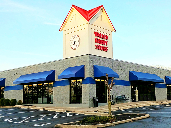 Morning light catches the clock tower, as if to remind shoppers that time flies when you're hunting for treasures among other people's former possessions.