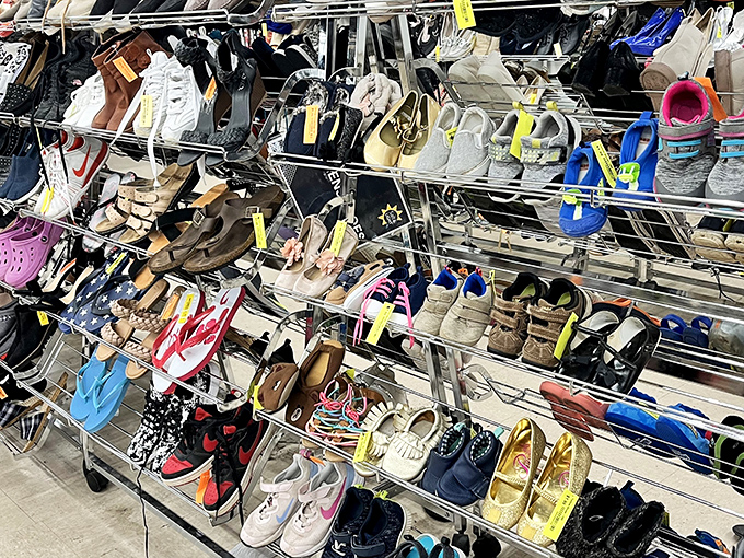 The shoe section: a footwear fantasyland where designer brands mingle with everyday favorites, all waiting for their Cinderella moment.