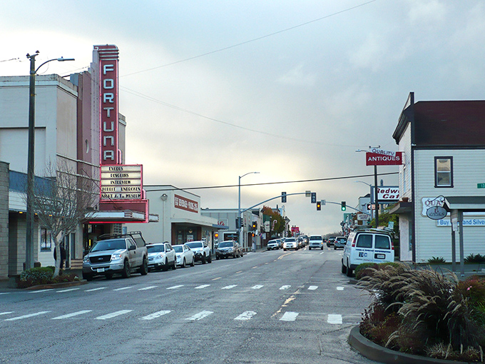 Main Street at dusk, with the Fortuna Theater's neon sign glowing, offers a scene that reminds us why small towns feature in so many American coming-home stories.