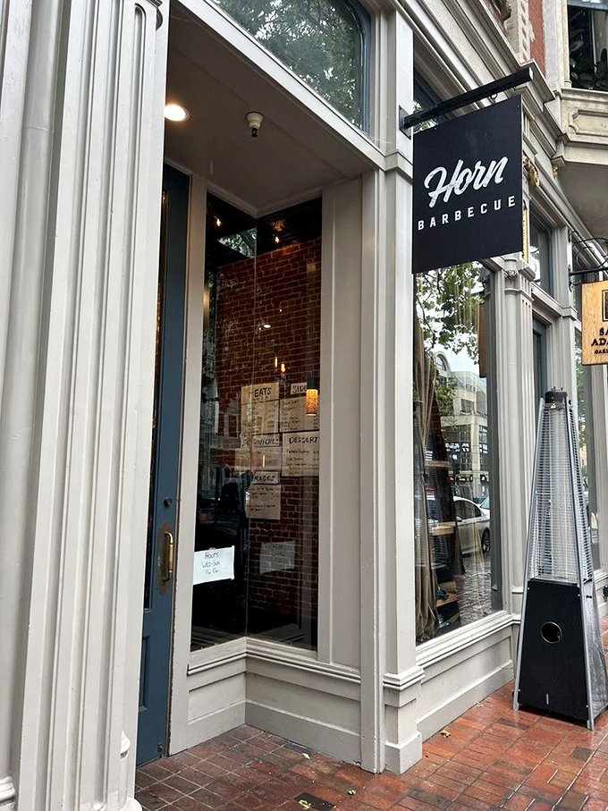 The unassuming entrance to Horn Barbecue is like the cover of a great book&mdash;simple, elegant, and hiding chapters of flavor waiting to be discovered.