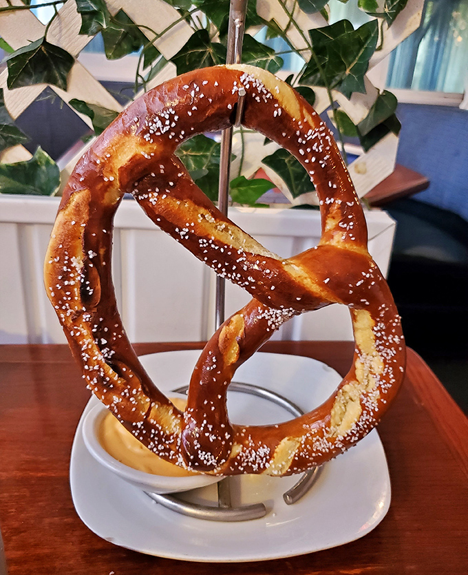 This isn't just any pretzel&mdash;it's architectural genius you can eat. Hanging there like edible art, waiting for its mustard companion.
