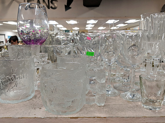 Glassware galore! From everyday tumblers to special occasion stemware, these shelves hold liquid vessels for every beverage situation imaginable.