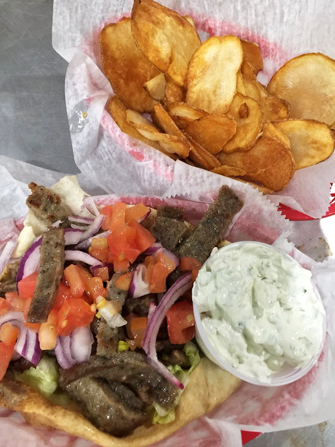 Homemade chips and gyro meat&mdash;where Mediterranean meets Midwest in a dance of flavors that would make Zeus himself order seconds.