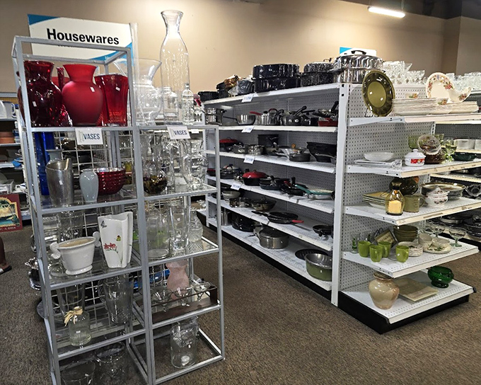 Housewares section that puts big box stores to shame. Those red glass pieces aren't just kitchen items&mdash;they're the pop of color your dining room has been missing.