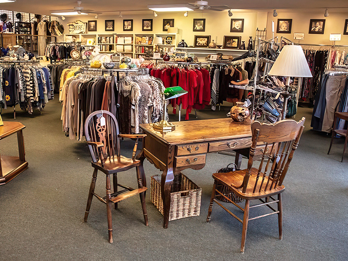 The showroom floor – where vintage wooden tables become display centerpieces and every rack holds potential wardrobe game-changers. Treasure hunting at its finest.