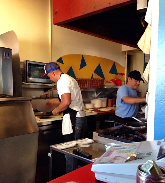 Where the magic happens&mdash;Kono's kitchen crew works their breakfast alchemy. Those potatoes don't season themselves, you know.
