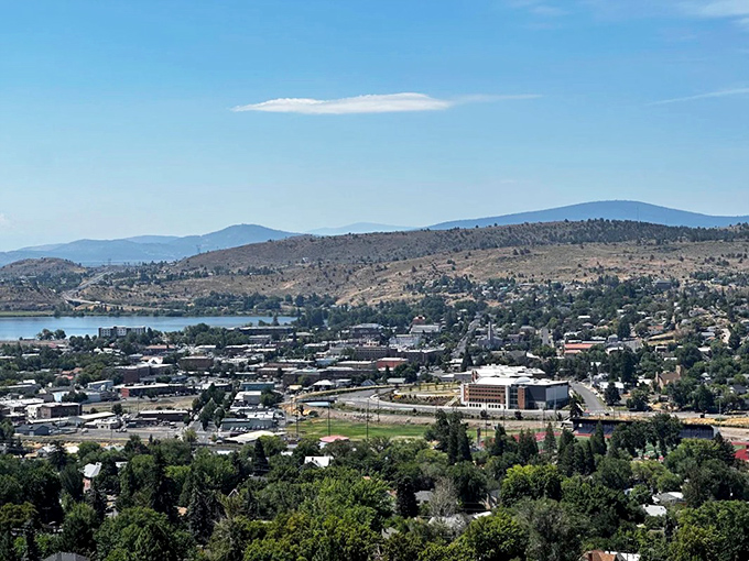 The panoramic view reveals Klamath Falls' perfect positioning – nestled between mountains and water, with room to breathe and affordable places to live.