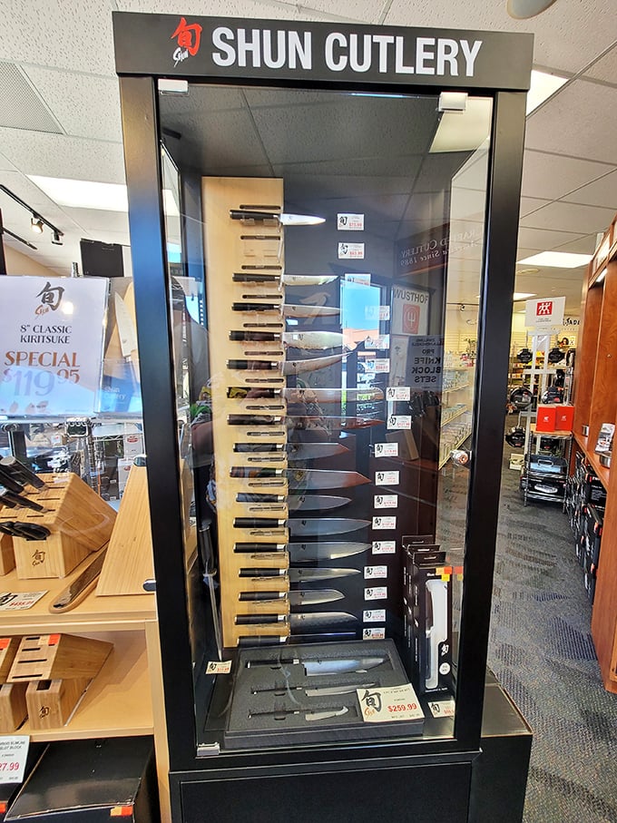 Shun Cutlery's impressive knife display would make any home chef weak in the knees. Warning: may cause spontaneous gourmet cooking ambitions.