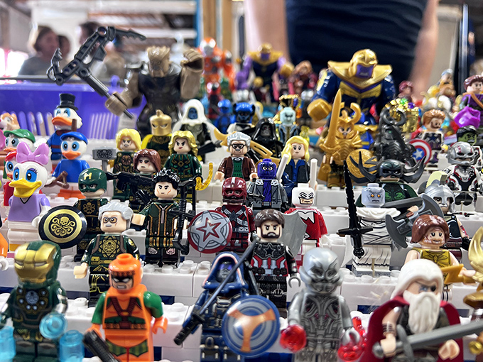 Tiny plastic armies assemble! This LEGO minifigure collection brings together superheroes, villains, and cartoon characters in a miniature convention of collectible characters.