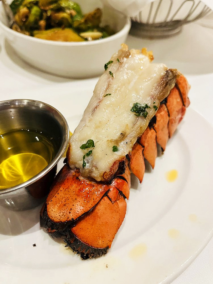 Lobster tail presented with surgical precision&mdash;sweet meat extracted intact and resting atop its shell like Neptune's gift to patient seafood lovers.