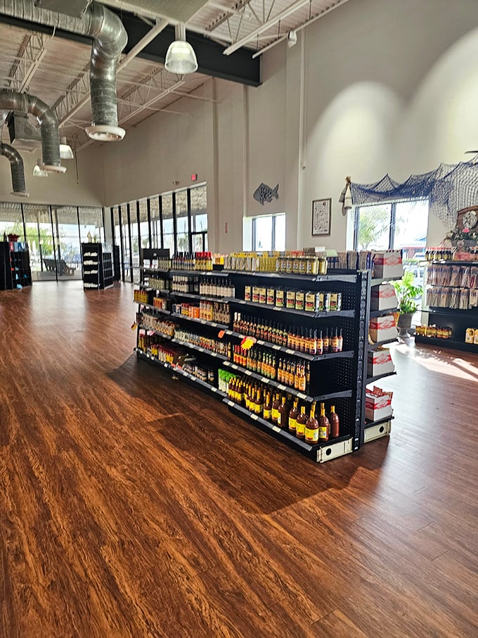 The market section lets you bring the ocean home. Like a library of flavors where every bottle and can tells a different coastal story.