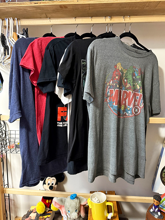 Vintage tees that prove everything old becomes cool again. That Marvel shirt has seen more phases than the actual Marvel universe!