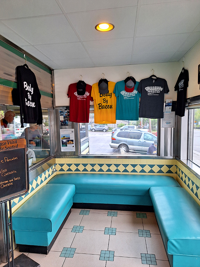 "Body By Bacon" t-shirts hanging proudly display the diner's sense of humor. The perfect souvenir for remembering your delicious dietary decisions.