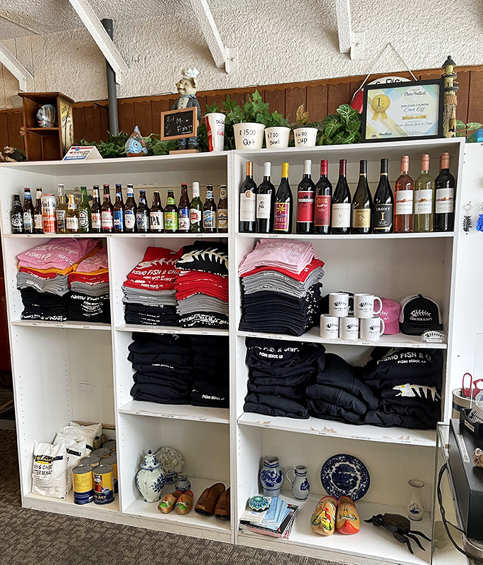 From branded merchandise to local wines, this place celebrates its coastal community with genuine local pride.