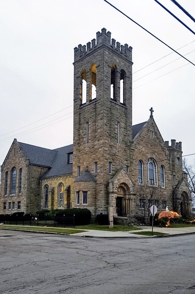 Mother of Sorrows Church stands as an architectural masterpiece, its stone tower reaching skyward like a spiritual exclamation point in Ashtabula's landscape.