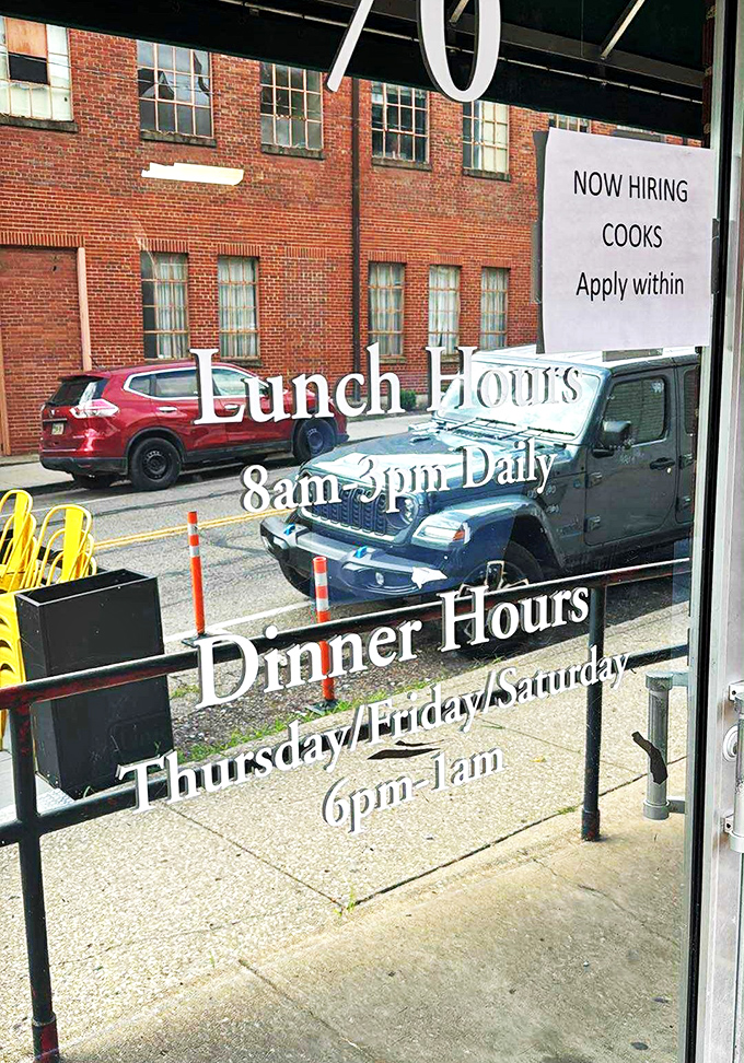 The hours posted on the door read like a love letter to night owls and early birds alike—breakfast democracy at its finest.