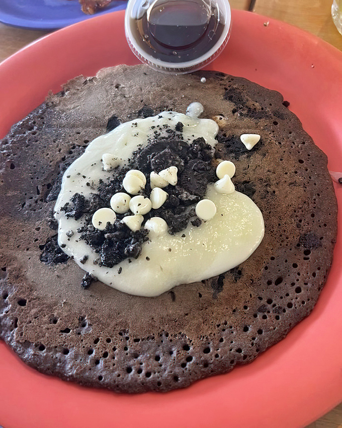 A chocolate pancake that's having an identity crisis – is it breakfast? Is it dessert? Who cares when it tastes this good!
