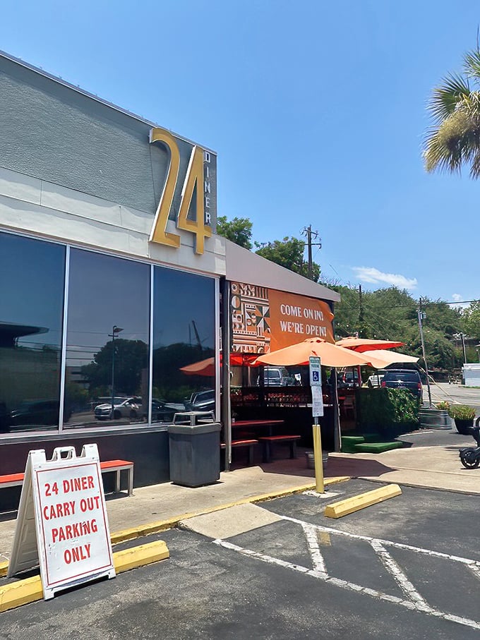 The exterior view on a perfect Austin day. That "Carry Out Parking Only" sign has witnessed countless hungry arrivals and satisfied departures.