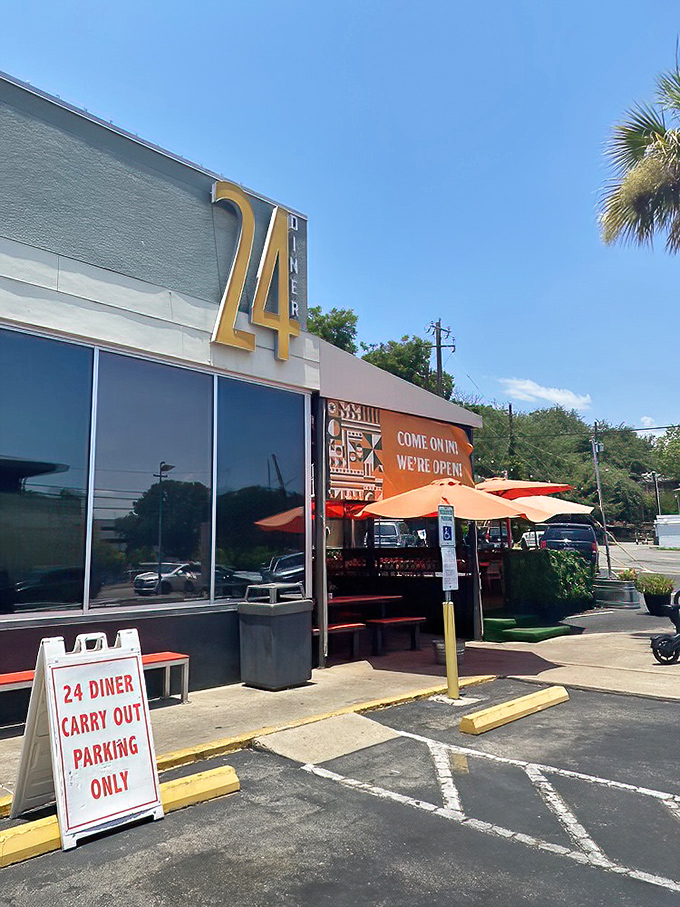 The exterior view on a perfect Austin day. That "Carry Out Parking Only" sign has witnessed countless hungry arrivals and satisfied departures.