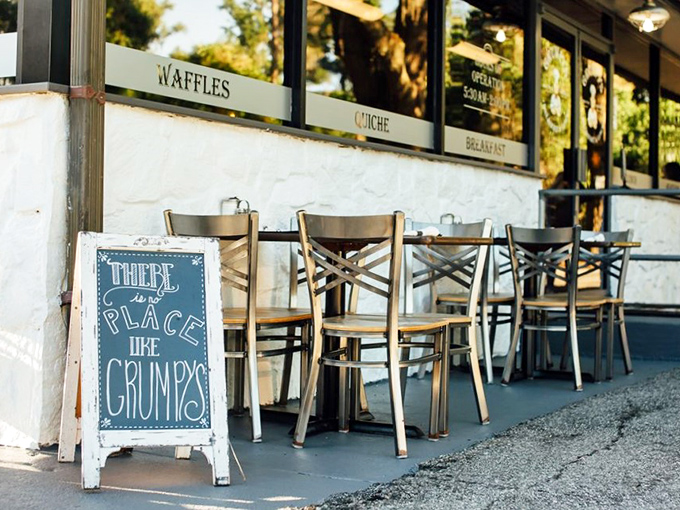 "There's no place like Grumpy's" proclaims the sidewalk sign, and the outdoor seating agrees. Florida sunshine with a side of waffles.