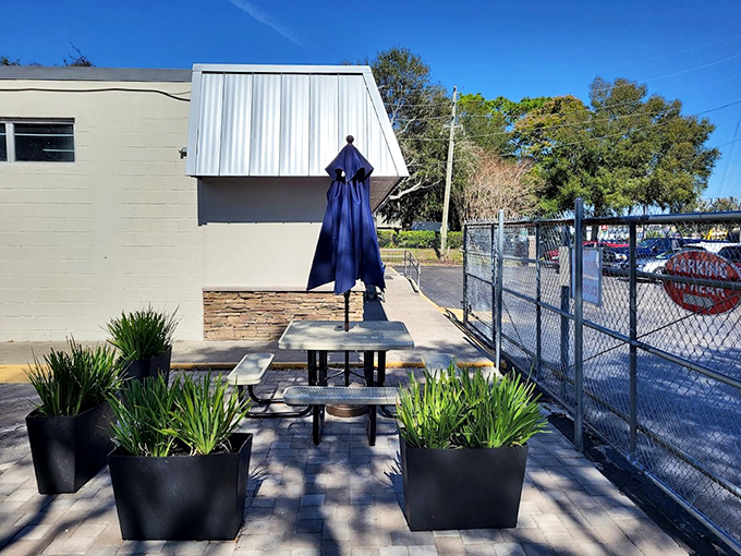 A peaceful outdoor nook for when the thrill of thrifting requires a moment of contemplation&mdash;or to text a friend about that amazing find inside.
