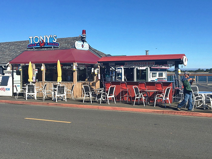 The red awning beckons like a lighthouse for hungry travelers. Tony's stands ready to rescue you from ordinary meals with its fresh-caught treasures.