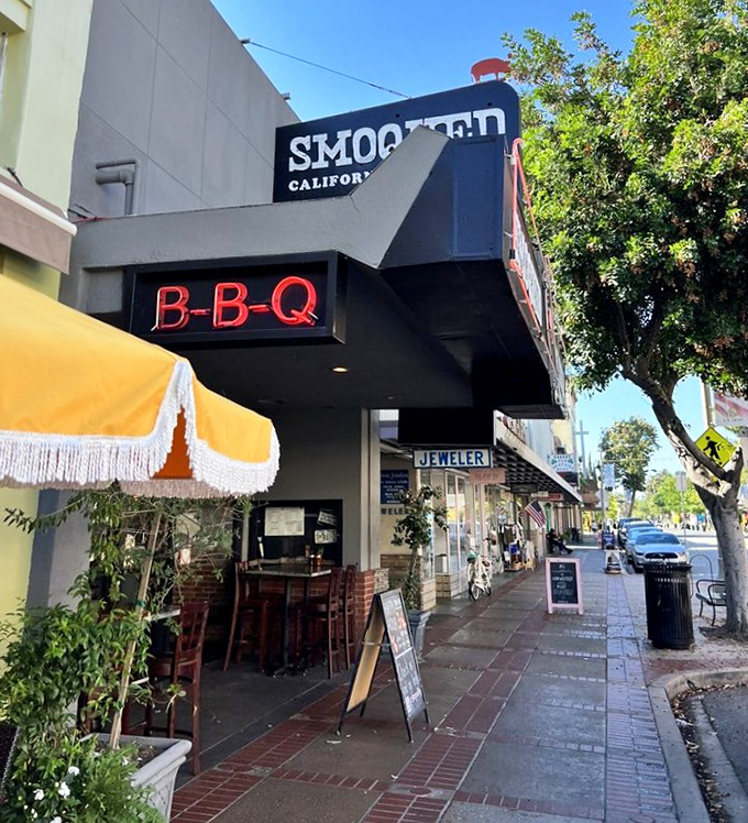 Outdoor seating where California sunshine meets authentic smokehouse flavors, creating the perfect marriage of climate and cuisine excellence.