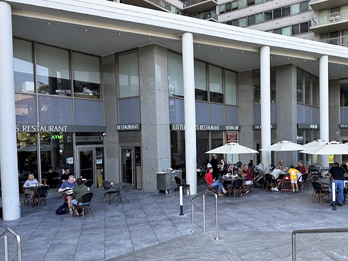 Philadelphia's architectural contrasts create the perfect backdrop for Little Pete's outdoor dining&mdash;modern meets timeless, just like their menu.