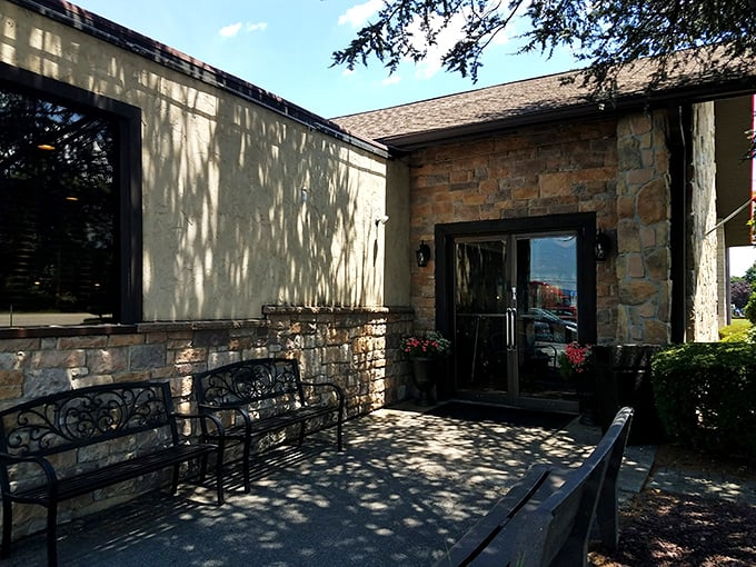 These outdoor benches provide the perfect spot for the "I ate too much scrapple" recovery period. The stone exterior is as solid as their breakfast reputation.