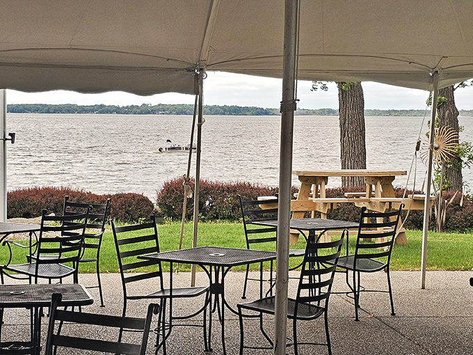 Lakeside dining under a canopy with views of Lake Koshkonong&mdash;because sometimes the best seasoning is a gentle breeze and water lapping at the shore.