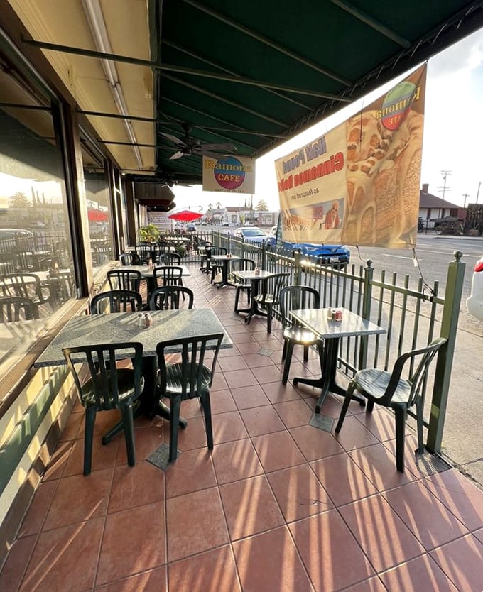 The patio seating area&mdash;perfect for people-watching while debating whether you have room for that cinnamon roll after your chicken fried steak.