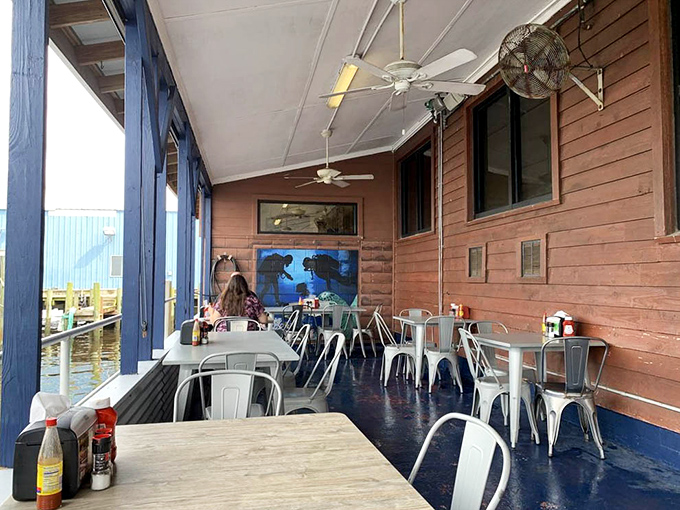 Outdoor seating where the sea breeze serves as nature's air conditioning. Simple tables, spectacular food, and the kind of authenticity you can't manufacture.