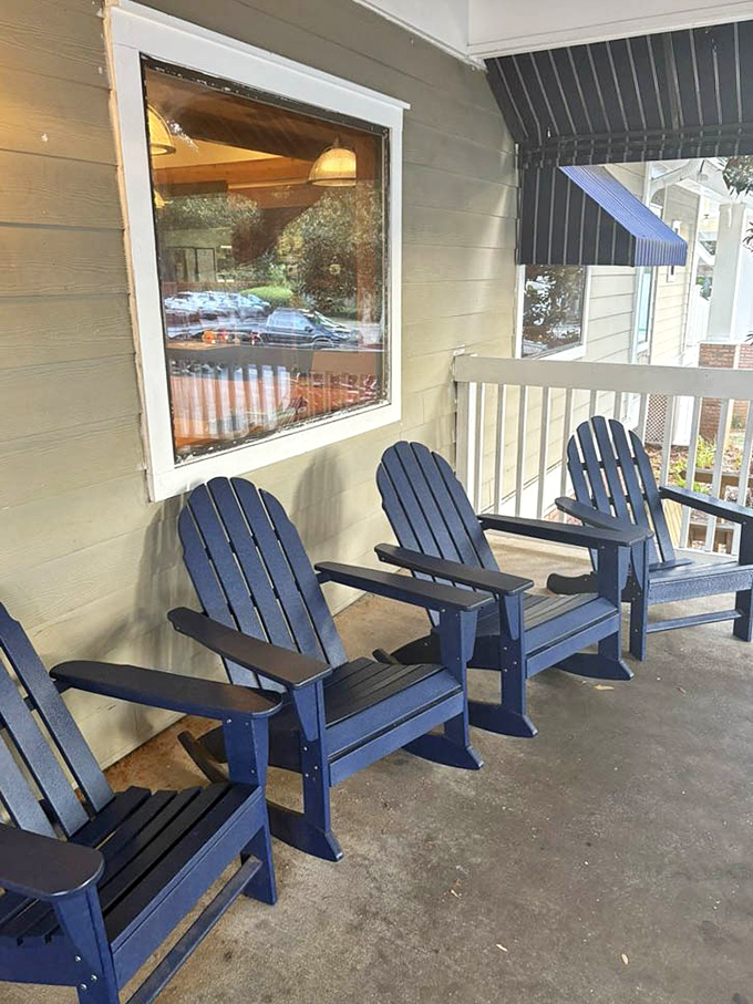 Blue Adirondack chairs on the porch offer the perfect waiting area or post-breakfast recovery zone. The ideal spot to contemplate which donut to try tomorrow.