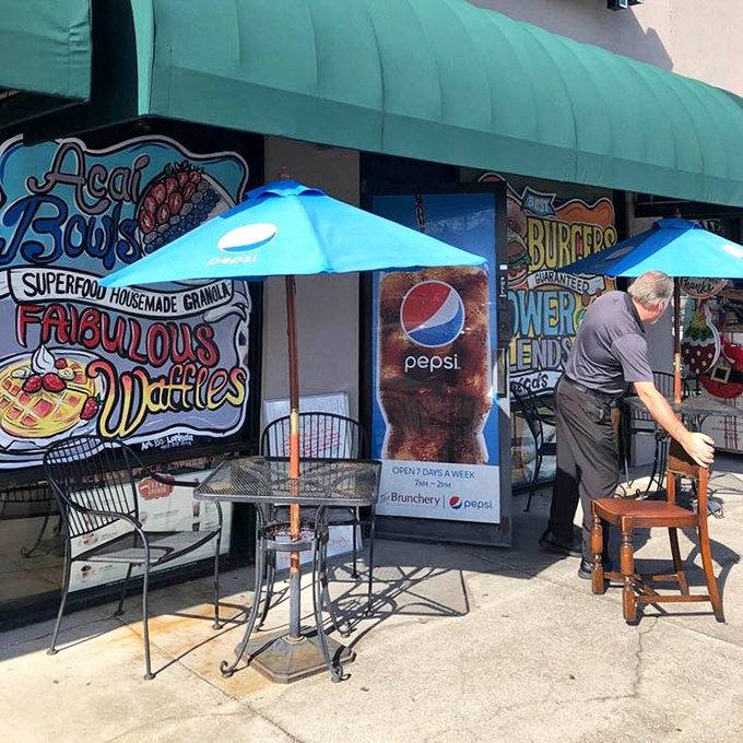 Outdoor seating with Pepsi umbrellas offers Florida's favorite dining option&mdash;enjoying great food while debating if it's too hot to eat outside.