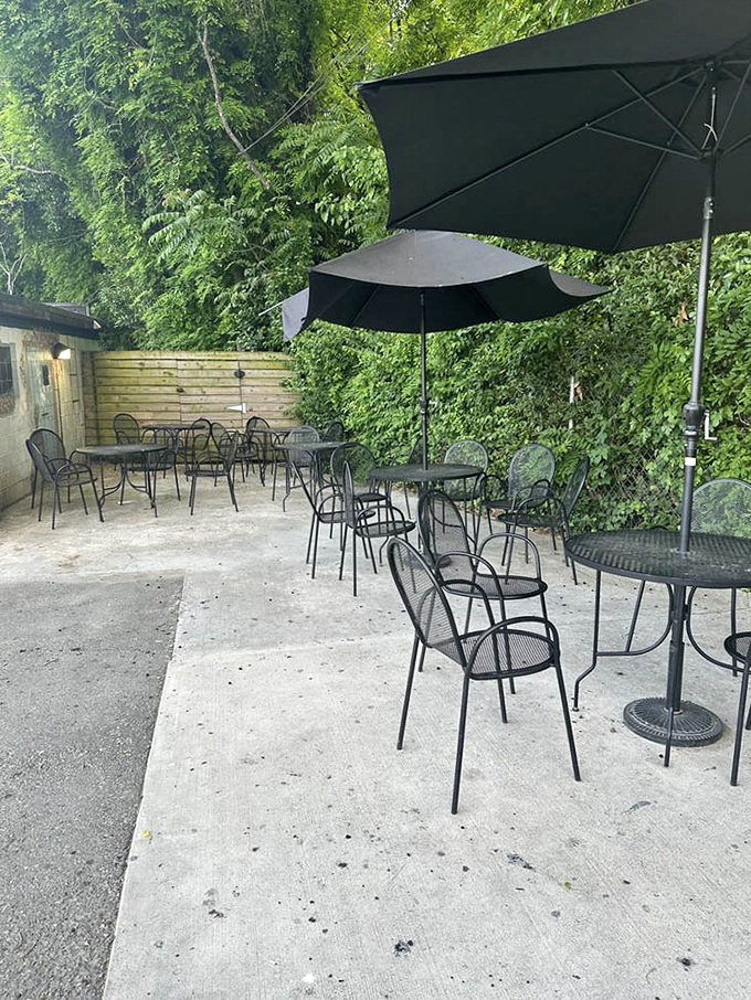 More outdoor seating beckons on warmer days&mdash;a hidden garden oasis where you can enjoy your cannoli while contemplating absolutely nothing important.