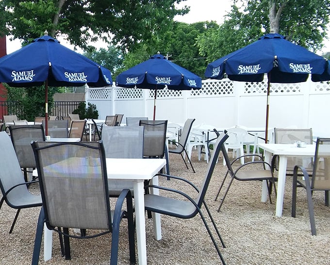 The outdoor patio with Samuel Adams umbrellas&mdash;where summer evenings are meant to be spent with friends, food, and maybe one more appetizer.