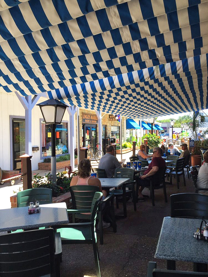 The outdoor seating area, with its blue and white canopy, turns lunch into a mini-vacation&mdash;even if you're just on your lunch break.